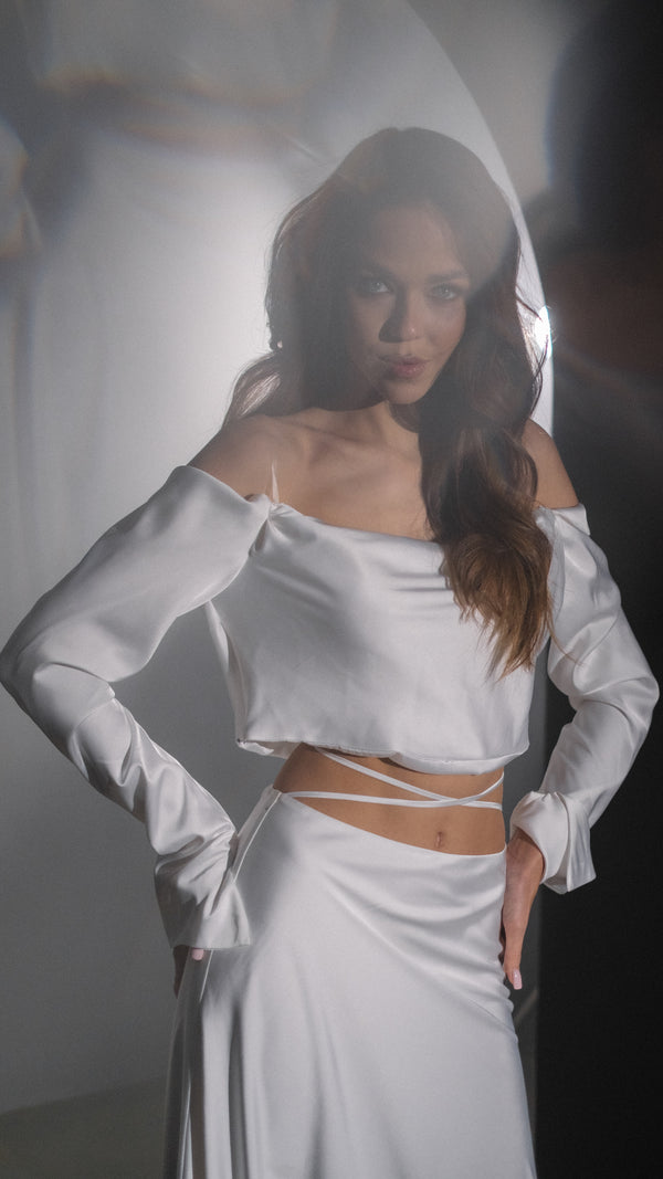 Modern Simple Silk Off Shoulder Long Sleeves Wedding Dress Danielle ...