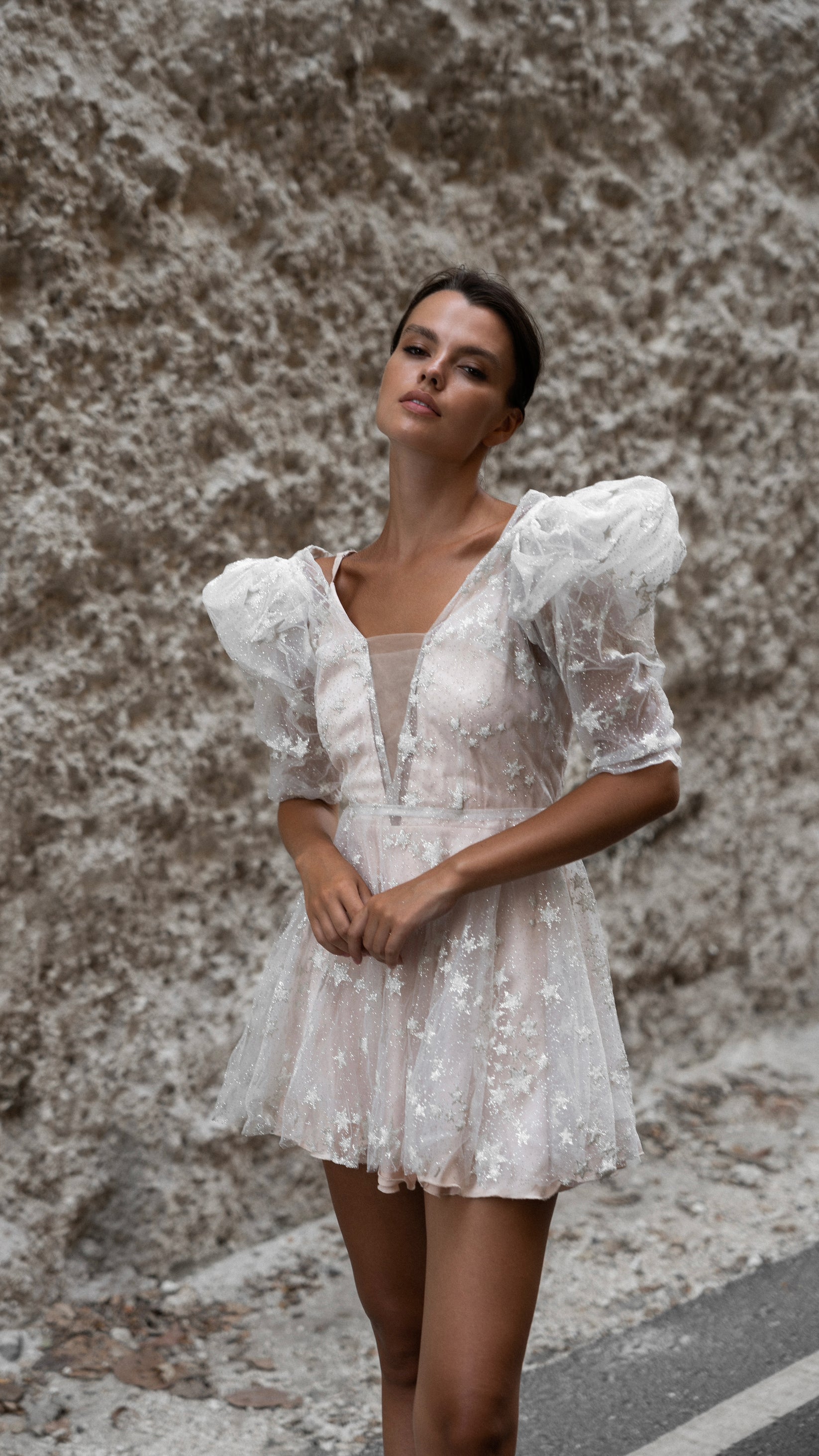 Short Wedding Dress with Puff Sleeves Bridal Reception Sparkly Mini ...