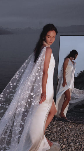 Ethereal Celestial Bridal Cape with Glowing Stars – Boom Blush