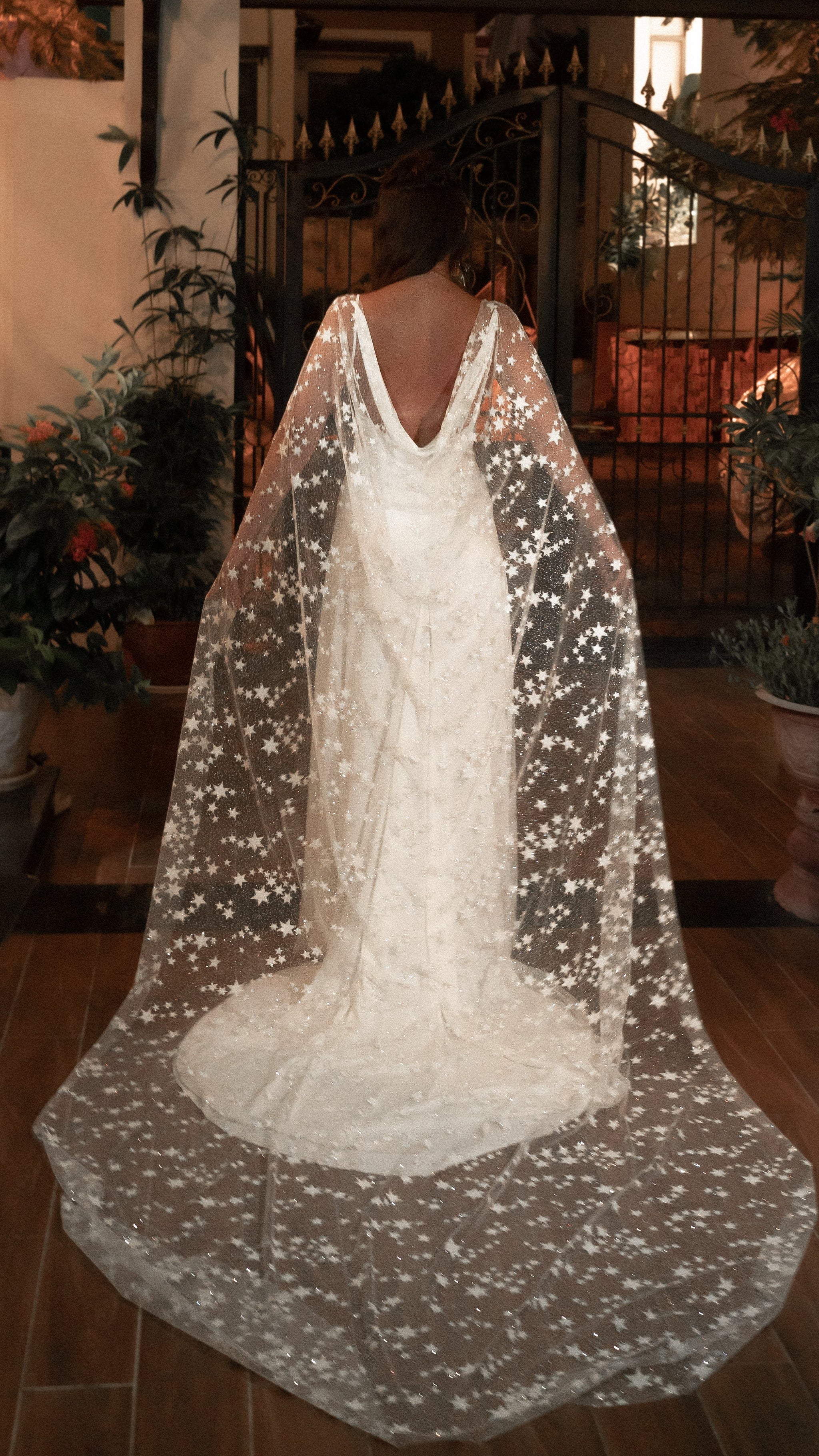Ethereal Celestial Bridal Cape with Glowing Stars – Boom Blush